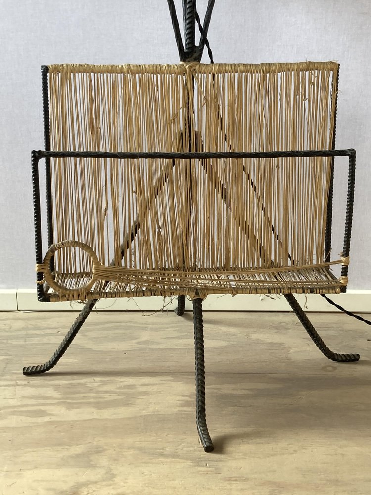 Brutalist Wrought Iron Floor Lamp with Magazine Holder and Sisal Shade ...