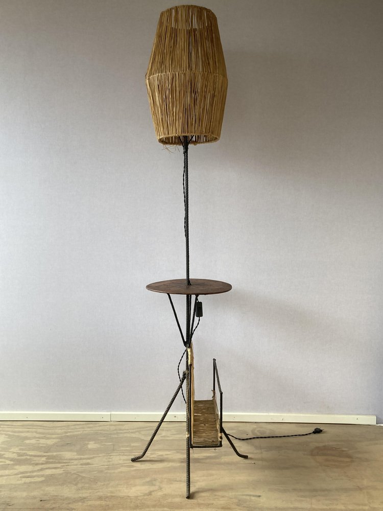 Brutalist Wrought Iron Floor Lamp with Magazine Holder and Sisal Shade ...