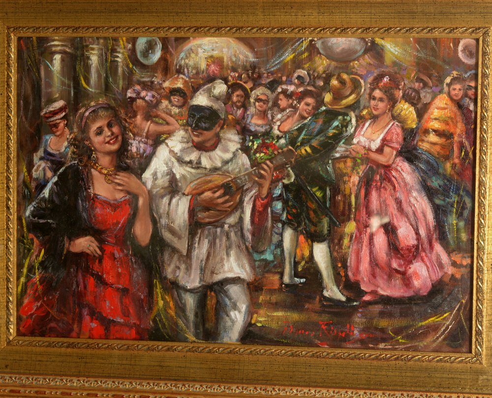 Franco Rispoli, At the Party with Pulcinella, 20th Century, Oil on ...