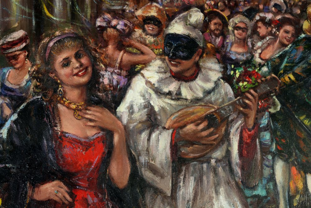 Franco Rispoli, At the Party with Pulcinella, 20th Century, Oil on ...