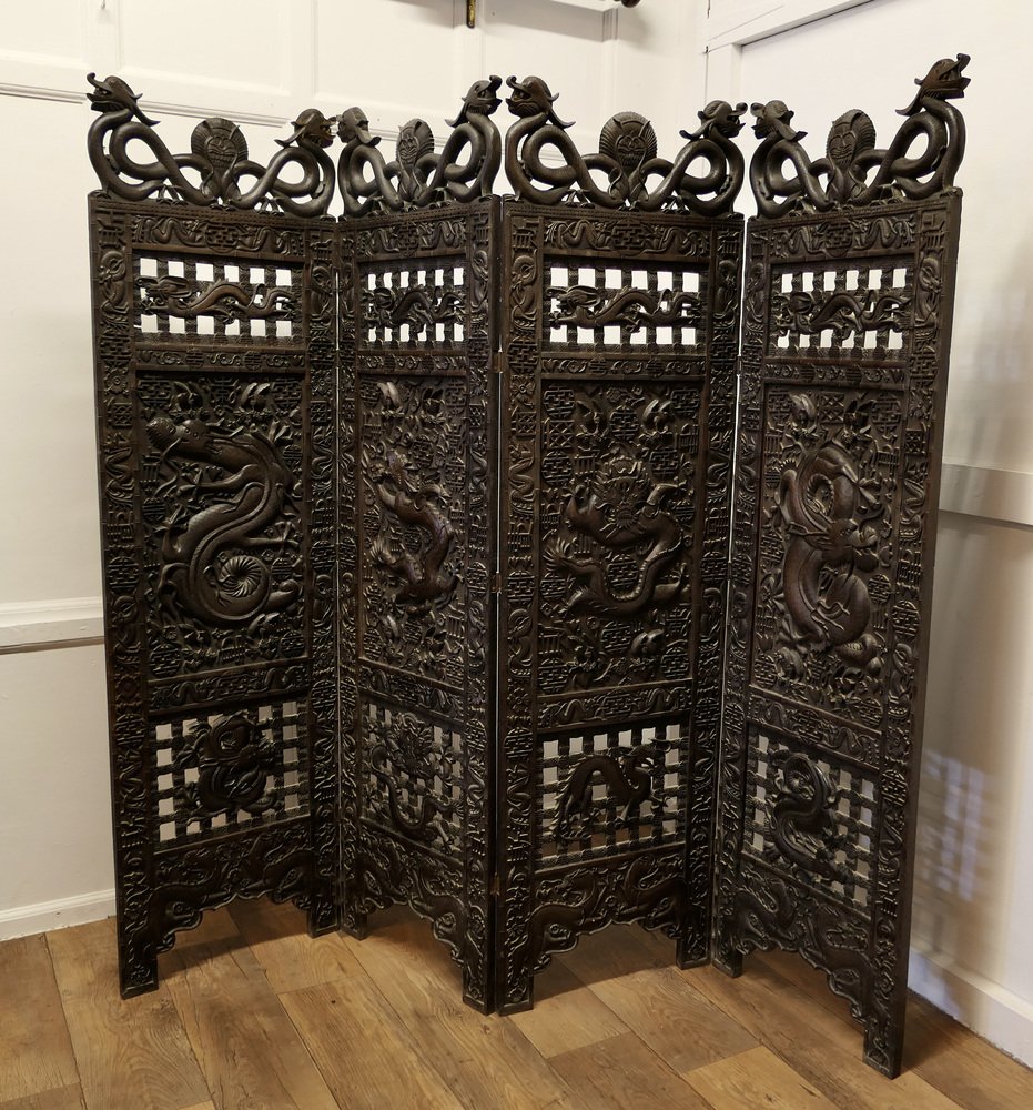 Large 19th Century Carved Chinoiserie 4 Fold Screen for sale at Pamono
