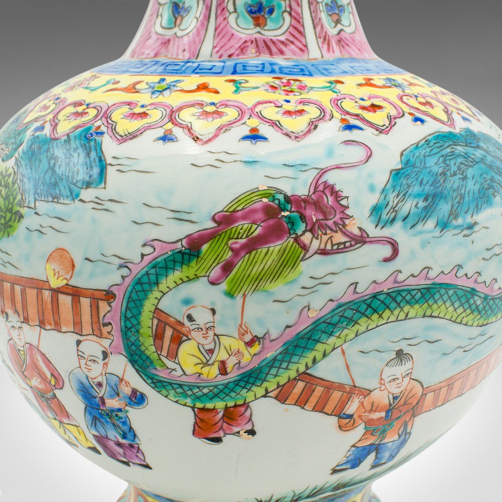 Vintage Art Deco Chinese Oriental Baluster, Ceramic Flower, Polychrome ...