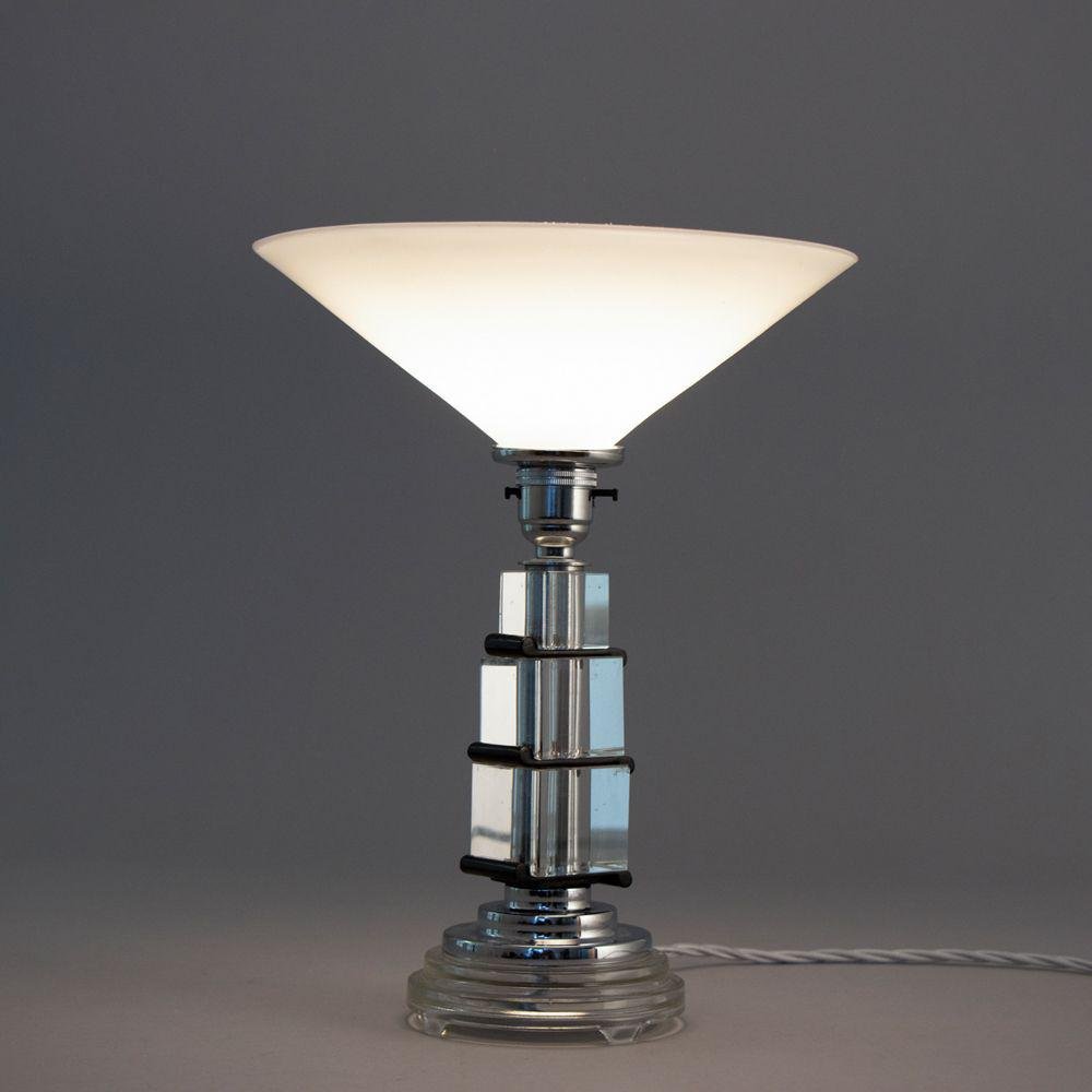 Art Deco Table Lamp on Stepped Glass Base with Original Opal Glass ...