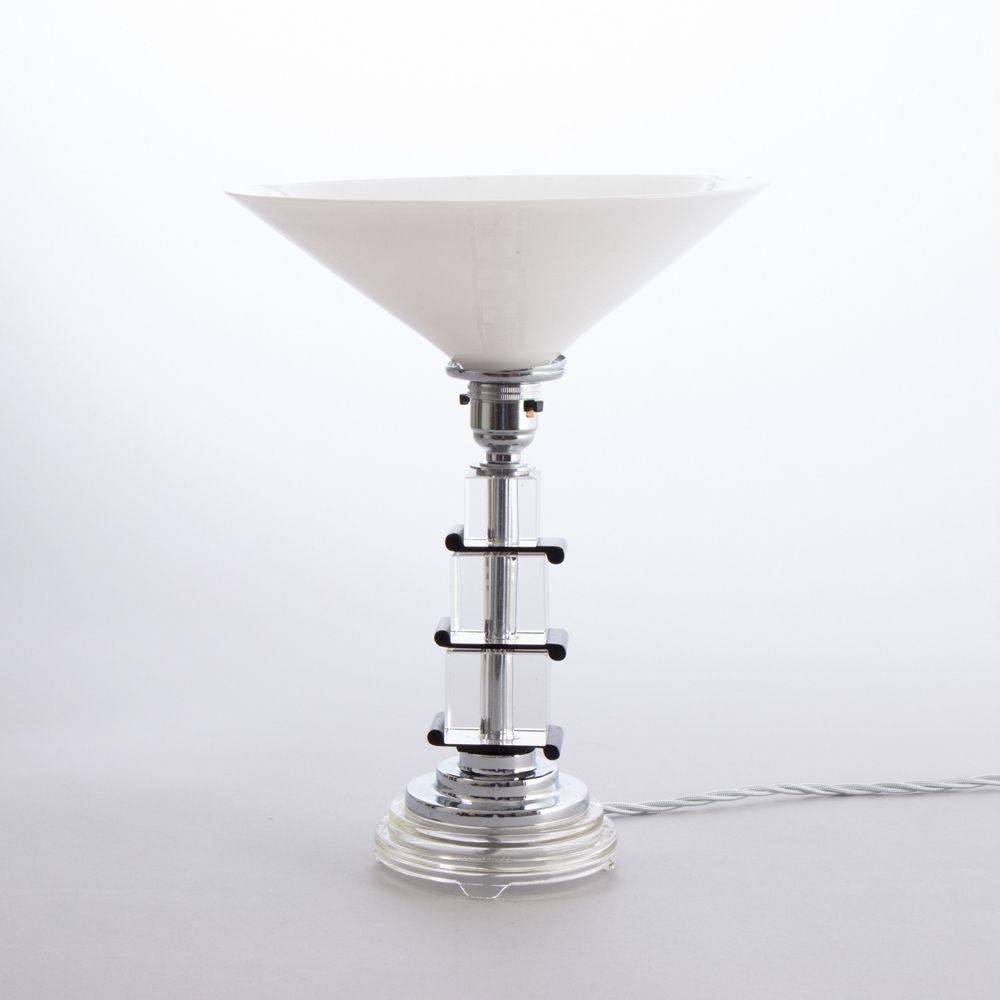 Art Deco Table Lamp on Stepped Glass Base with Original Opal Glass ...