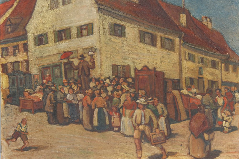 Ernst Crasser, Die Versteigerung, Oil on Board for sale at Pamono