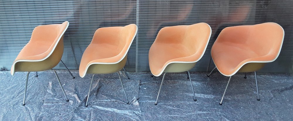 Dining Chairs with Fibreglass Shell in Orange Upholstery and H-Base ...