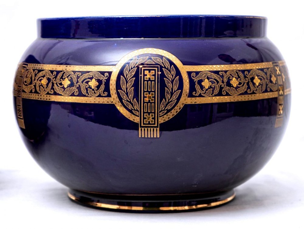 Large Dark Cobalt Blue Cache-Pots from Sarreguemines, 1800s, Set of 2 ...