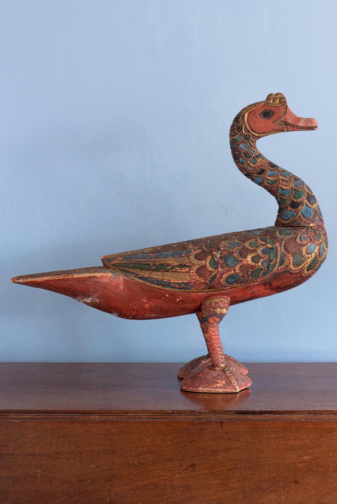 Indonesian Polychrome Goose Carved Wood Sculpture, 1950s for sale at Pamono