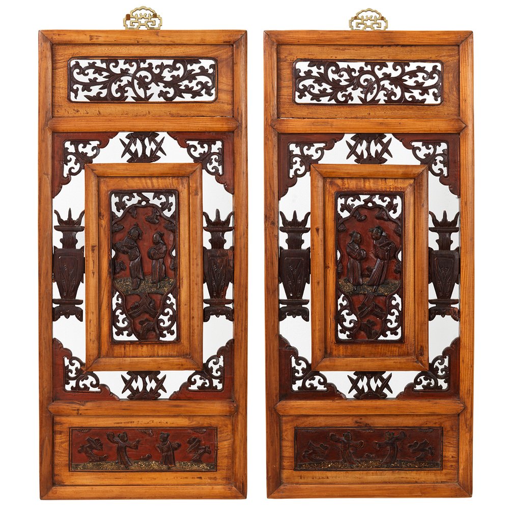 Antique Carved Window Panels in Natural and Red, Set of 2 for sale at ...
