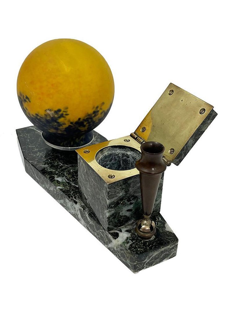 French Art Deco Marble Inkwell with Lamp, 1920 for sale at Pamono