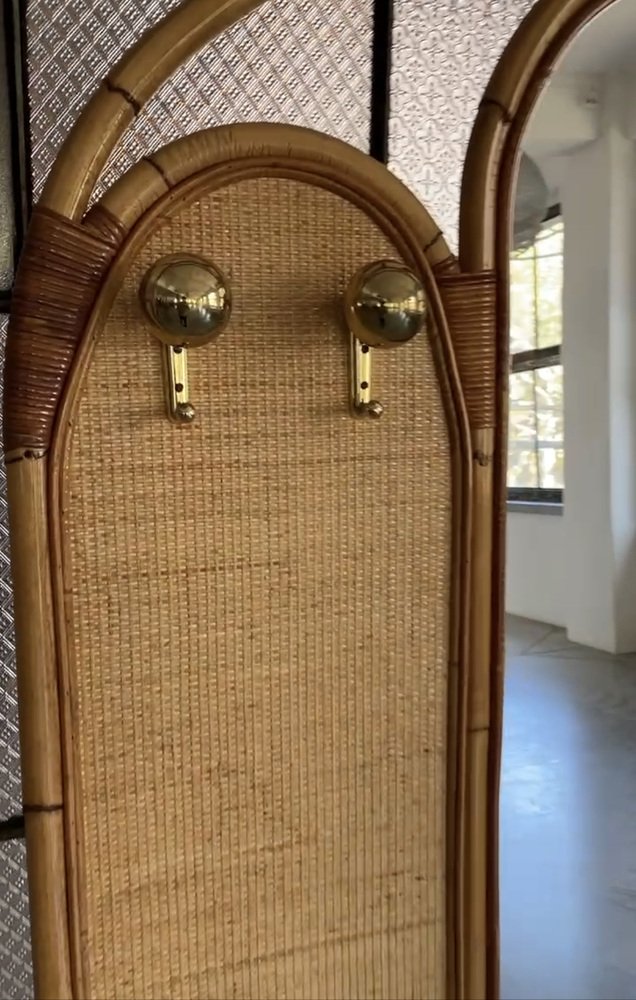 Large Mid-Century Modern Italian Rattan Coat Rack with Mirror and Brass ...