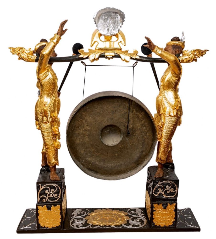 Antique Wooden Table Gong with Carved Hands & Gold and Silver Leaves ...