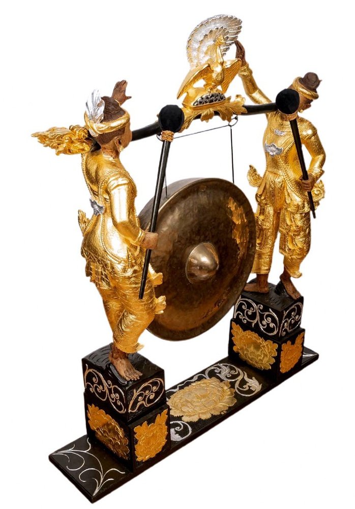 Antique Wooden Table Gong with Carved Hands & Gold and Silver Leaves ...