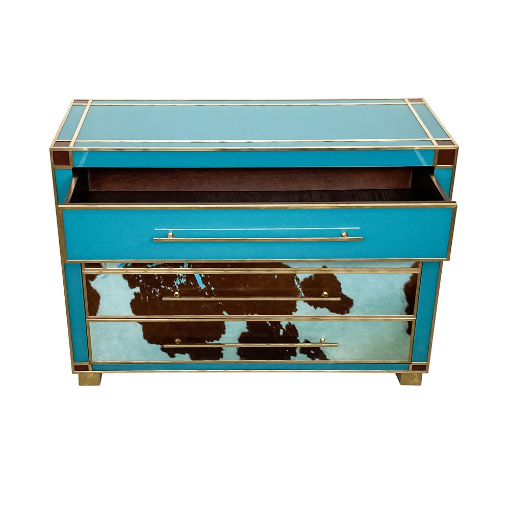 Dresser in Blue Murano Glass and Cow Leather, 1980s for sale at Pamono