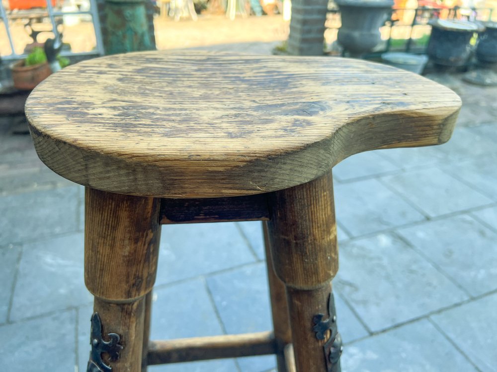 Industrial Rustic Pine Stool with Iron Decoration, 1970s for sale at Pamono