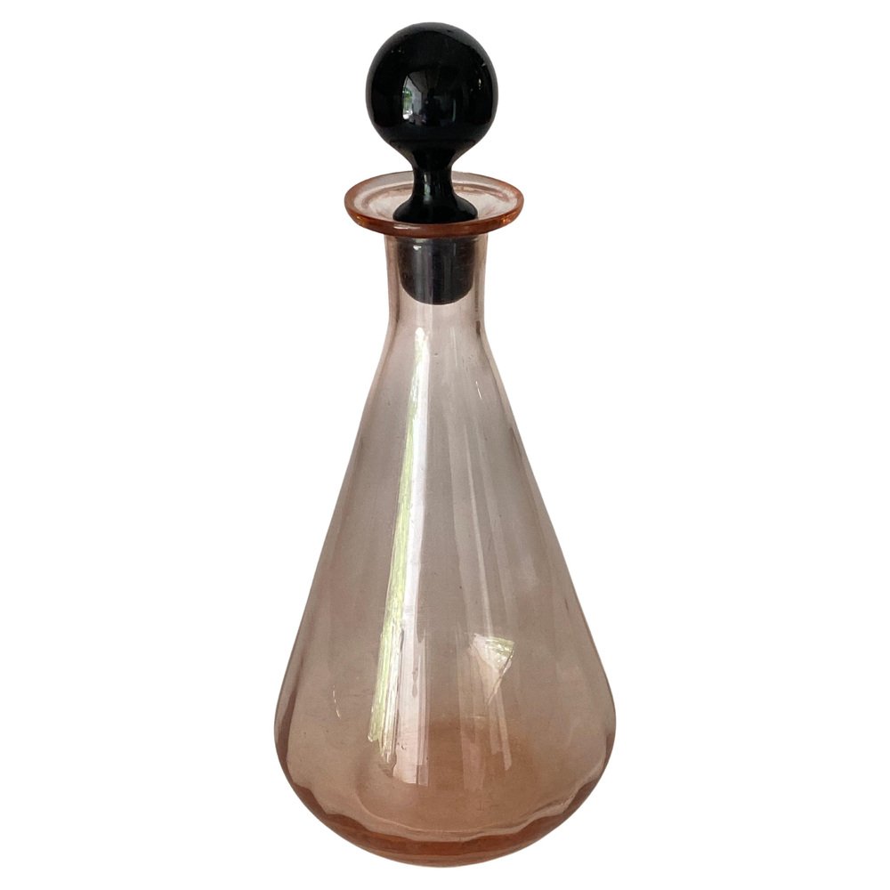Vintage Pink Glass Bottle with Black Cap, France, 1940 for sale at Pamono