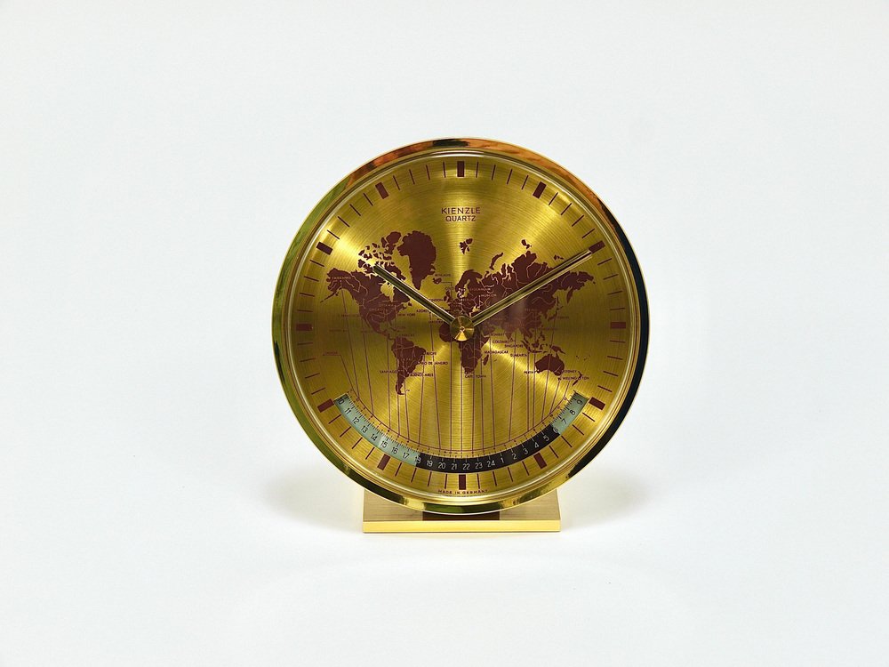 Mid-Century GMT World Time Zone Brass Table Clock, Germany attributed to Wilhelm Kienzle, 1960s ...