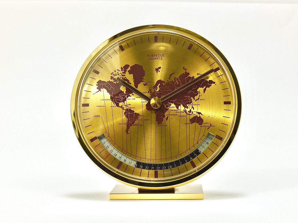 Mid-Century GMT World Time Zone Brass Table Clock, Germany attributed ...