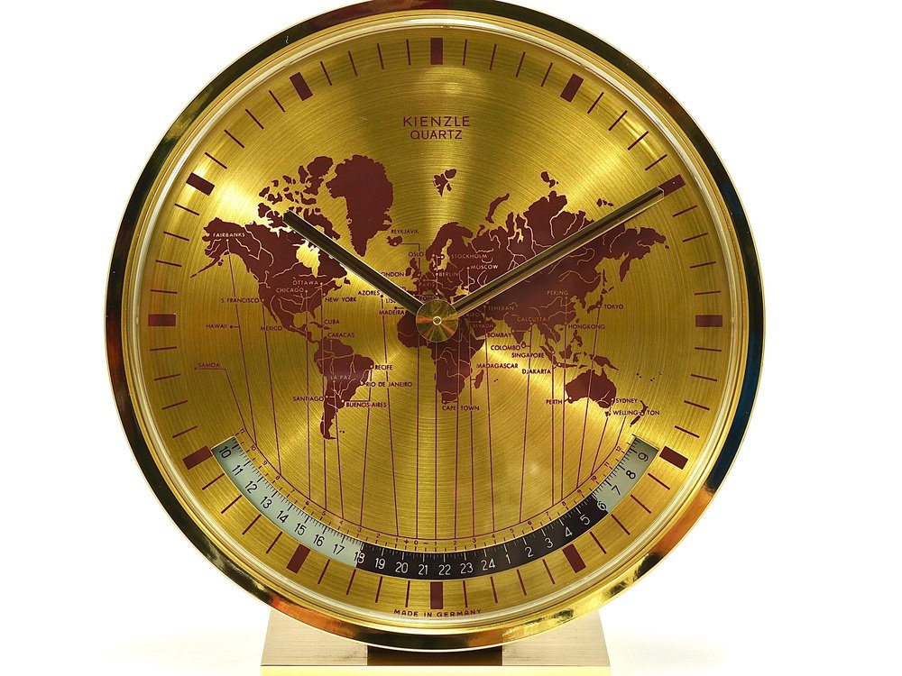 Mid-Century GMT World Time Zone Brass Table Clock, Germany attributed to Wilhelm Kienzle, 1960s ...