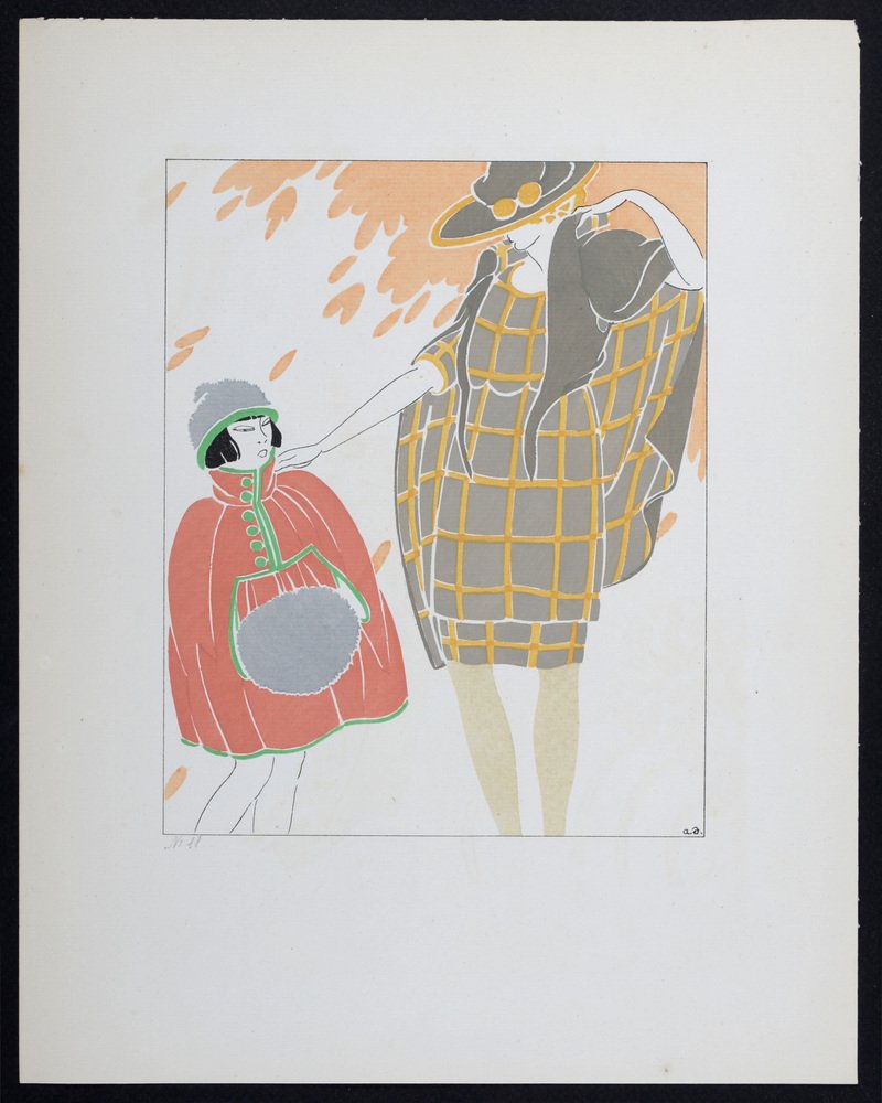 André Domin, Mutter und Tochter, 1920, Original Schablone mit Aquarell ...