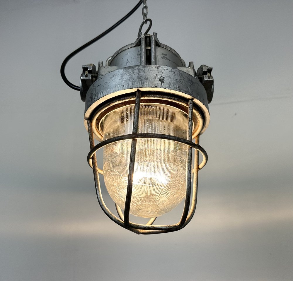 Soviet Industrial Cast Aluminium Bunker Pendant Light with Iron Grid ...