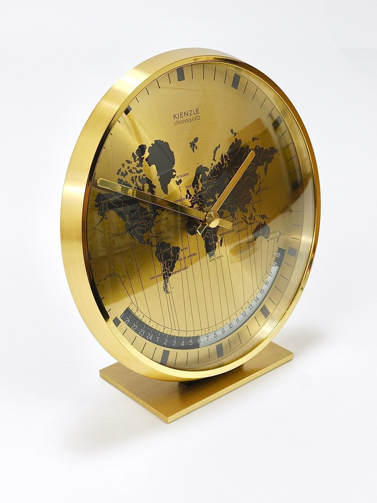 Mid-Century Brass Table Clock attributed to Wilhelm Kienzle, Germany, 1960s for sale at Pamono