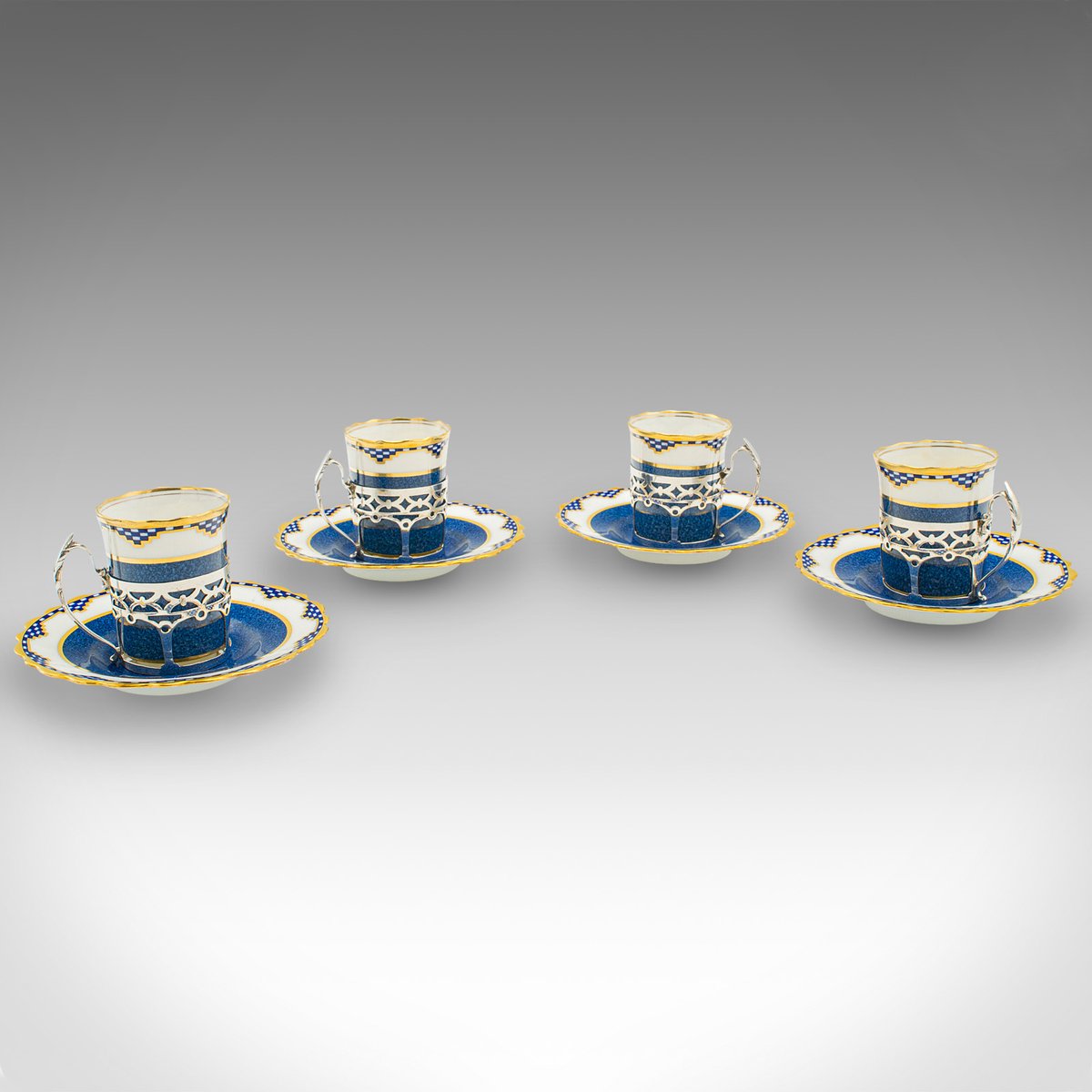 Vintage English Cups & Saucers in Ceramic & Silver, 1930s, Set of 4 for ...