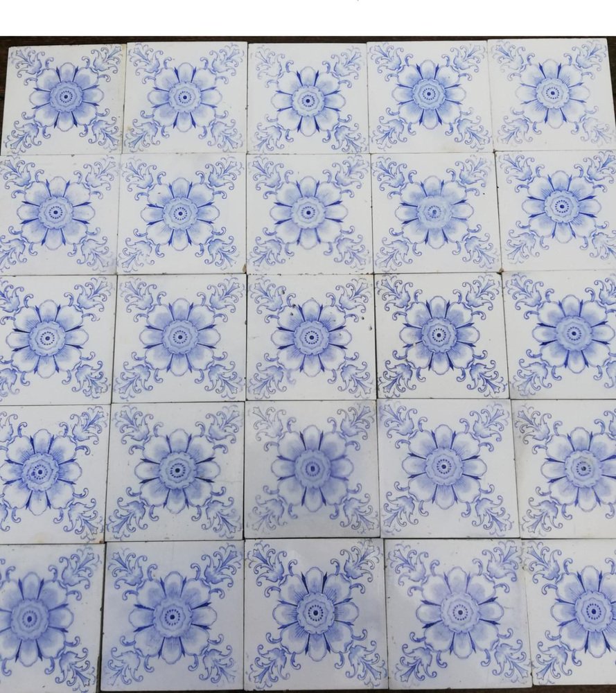 Art Deco White and Blue Flower Glazed Tiles by Le Glaive, 1920 for sale ...