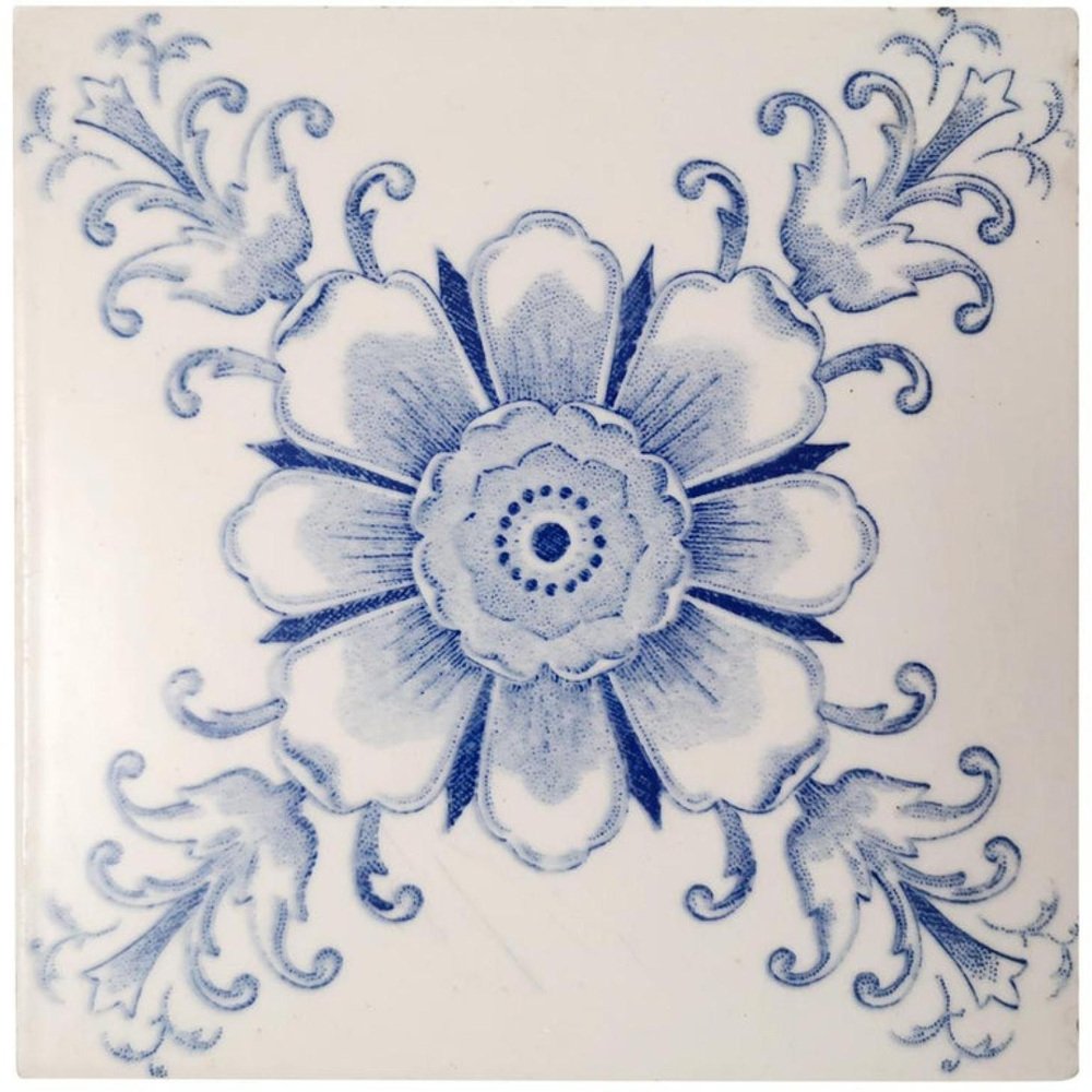Art Deco White and Blue Flower Glazed Tiles by Le Glaive, 1920 for sale ...