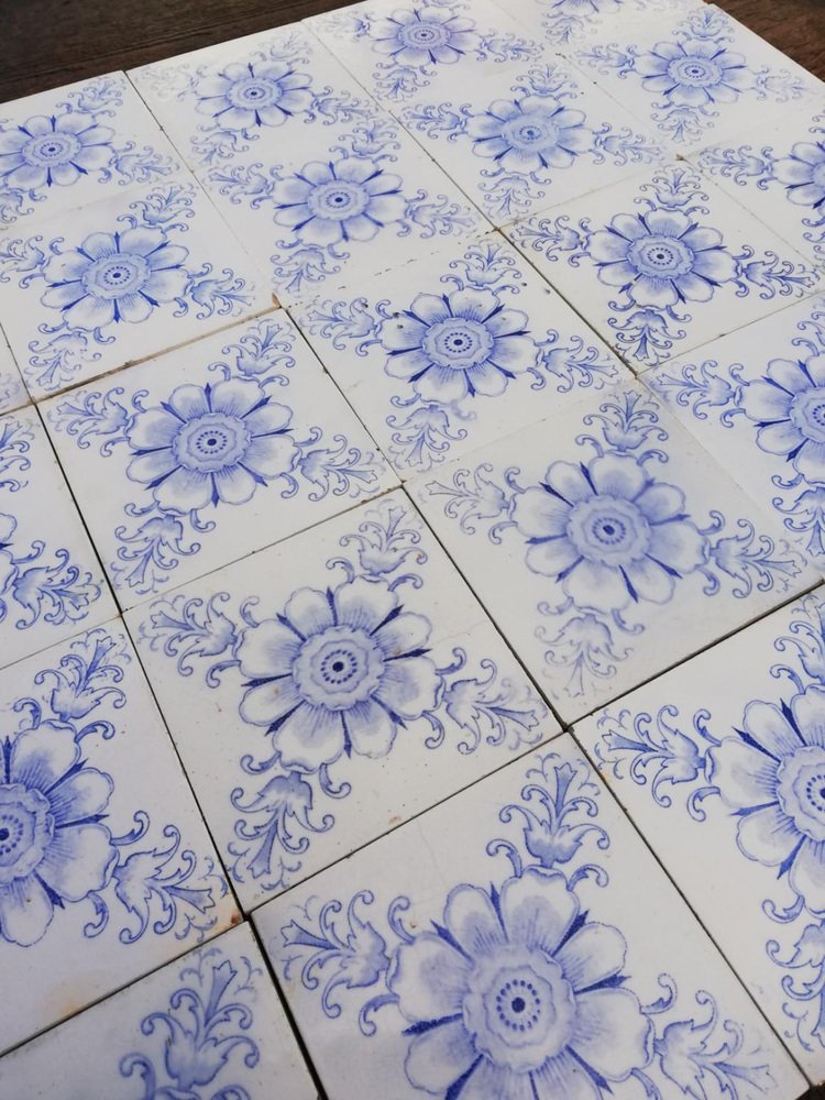 Art Deco White and Blue Flower Glazed Tiles by Le Glaive, 1920 for sale ...