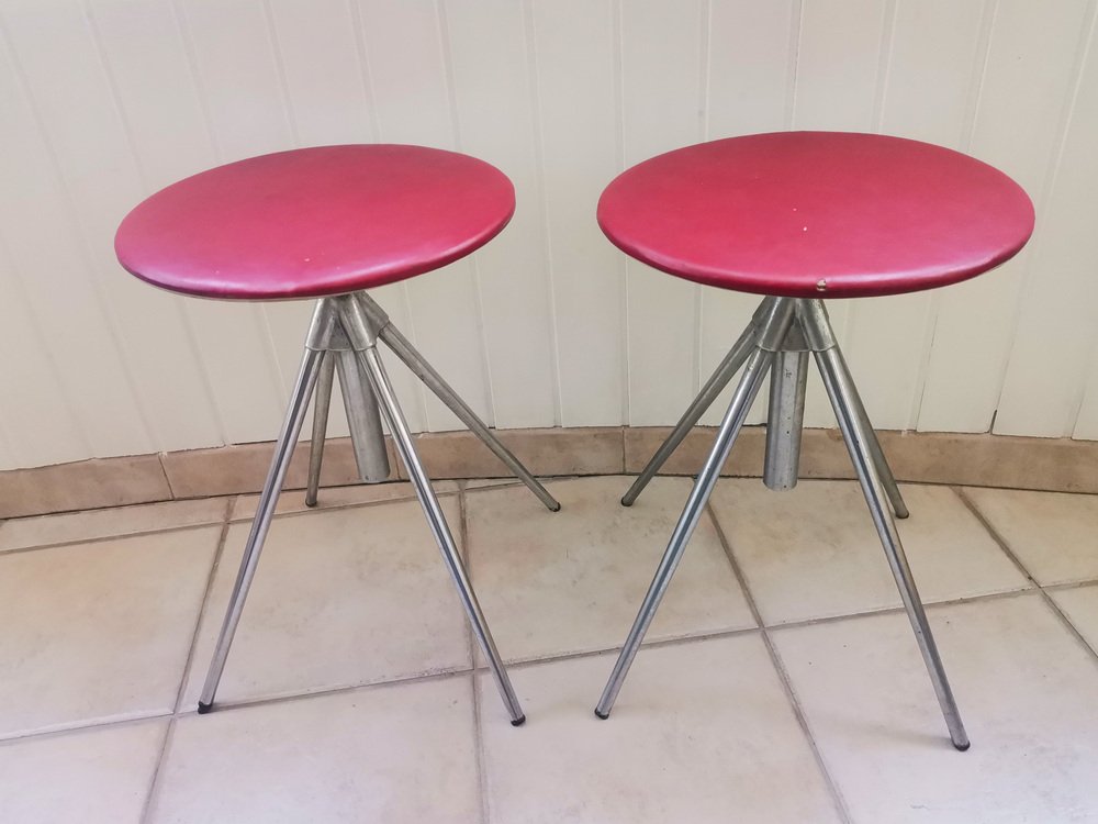 German Red Leather Swivel Filigree Rotating Stools attributed to Hailo ...