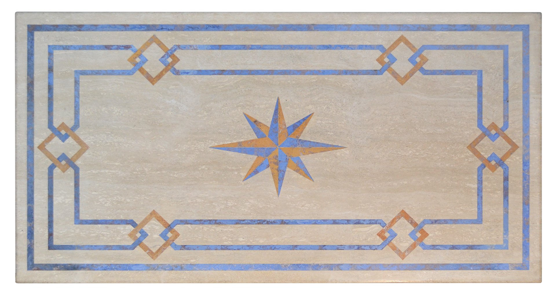 Light Travertine Table with Inlay in Blue Scagliola and Yellow Base by ...