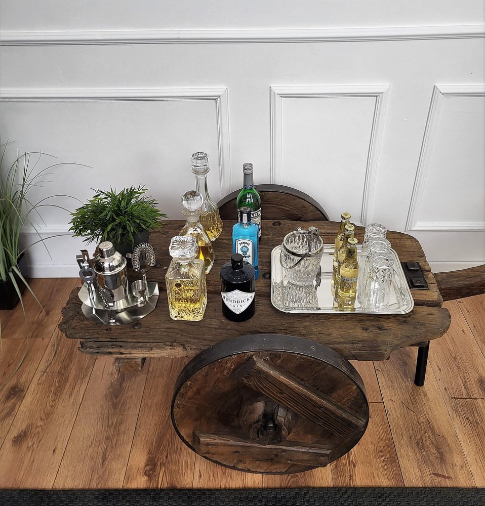 Primitive Rustic Minimal Italian Wrought Iron Wheels Bar Table in Wood ...