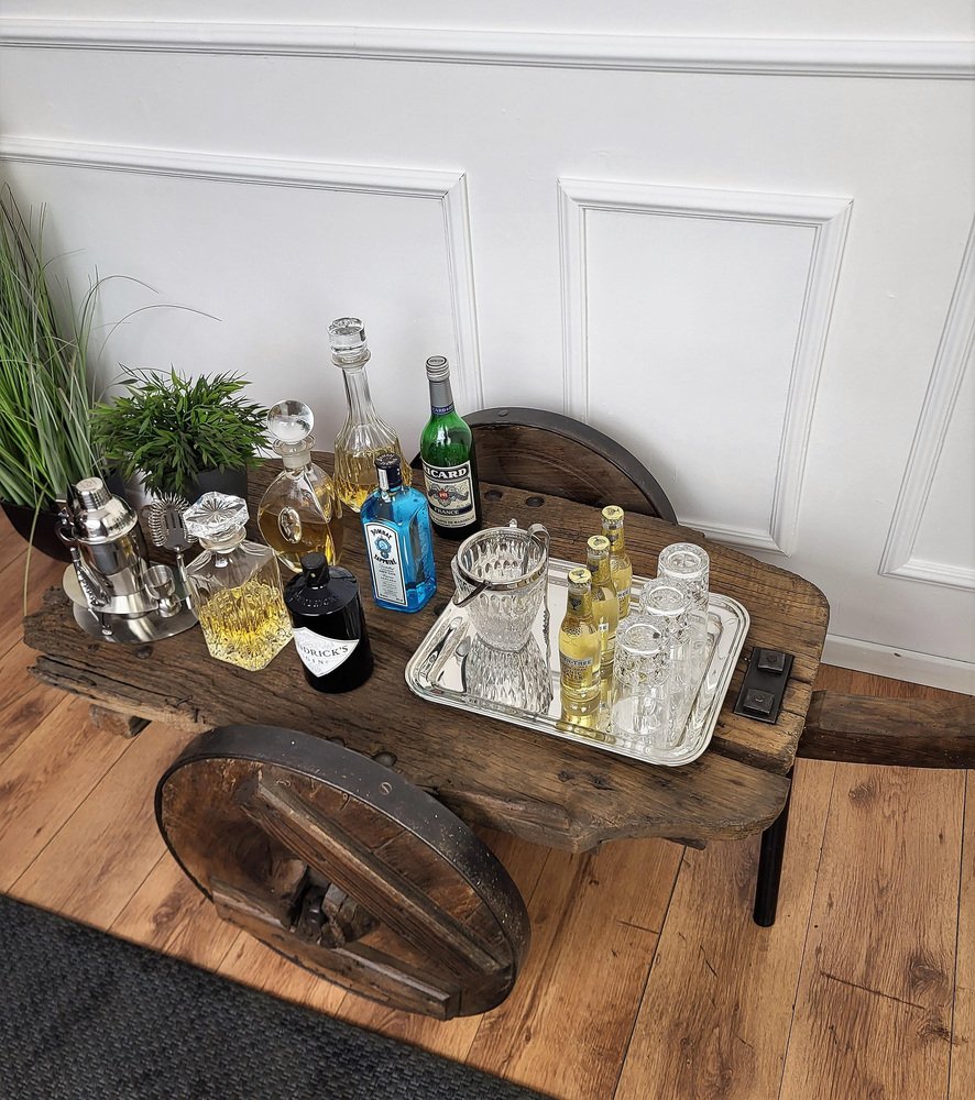 Primitive Rustic Minimal Italian Wrought Iron Wheels Bar Table in Wood ...