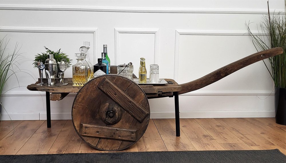 Primitive Rustic Minimal Italian Wrought Iron Wheels Bar Table in Wood ...