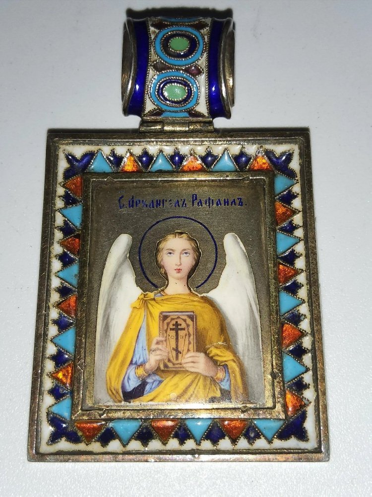 Large Imperial Silver & Enamel Icon Pendant of St. Archangel Raphael ...