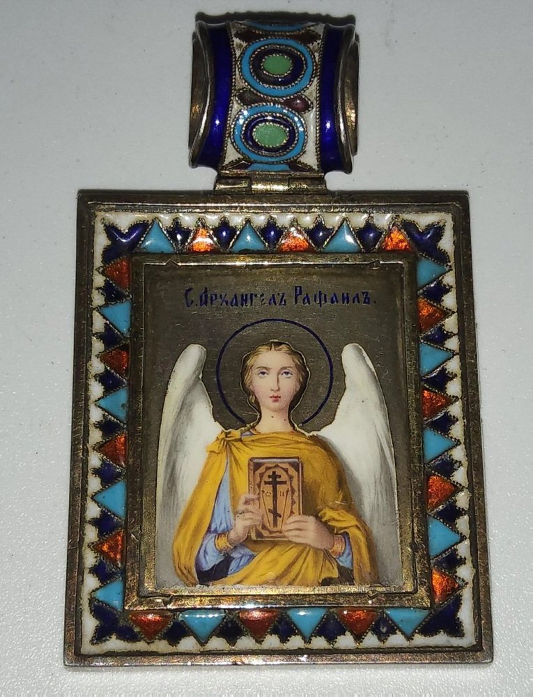 Large Imperial Silver & Enamel Icon Pendant of St. Archangel Raphael ...