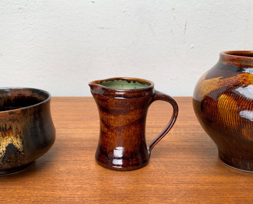 Mid-Century German Studio Pottery Vase, Carafe, Bowls and Candle Holder ...