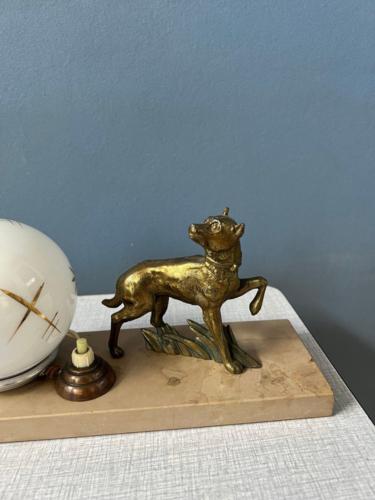 Art Deco Table Lamp with Opaline Glass Shade and Wolf Figure, 1970s for ...