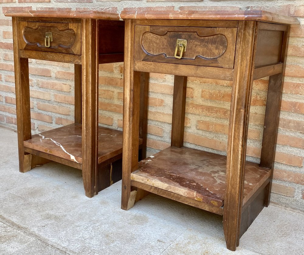 Tables de Chevet Début 20ème Siècle en Noyer et Marbre, 1940s, Set de 2 en vente sur Pamono