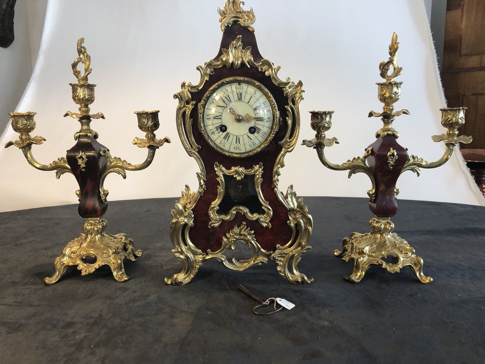 Small Pendulum Fireplace Clock in Brass and Bronze, France, 1880s, Set ...