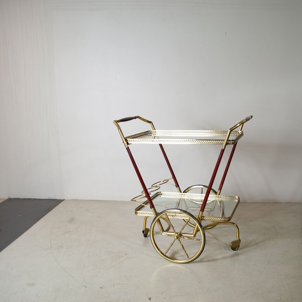 Brass and Wood Liquor Bottle Rack Cart with Glass Shelves, 1950s for ...