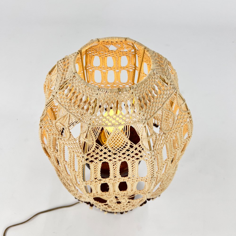 Table Lamp with Oak Base and Macramé Lampshade, 1960s for sale at Pamono