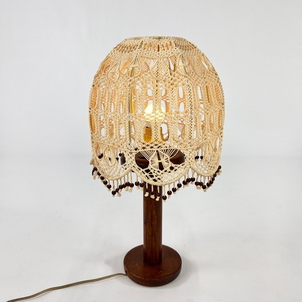 Table Lamp with Oak Base and Macramé Lampshade, 1960s for sale at Pamono
