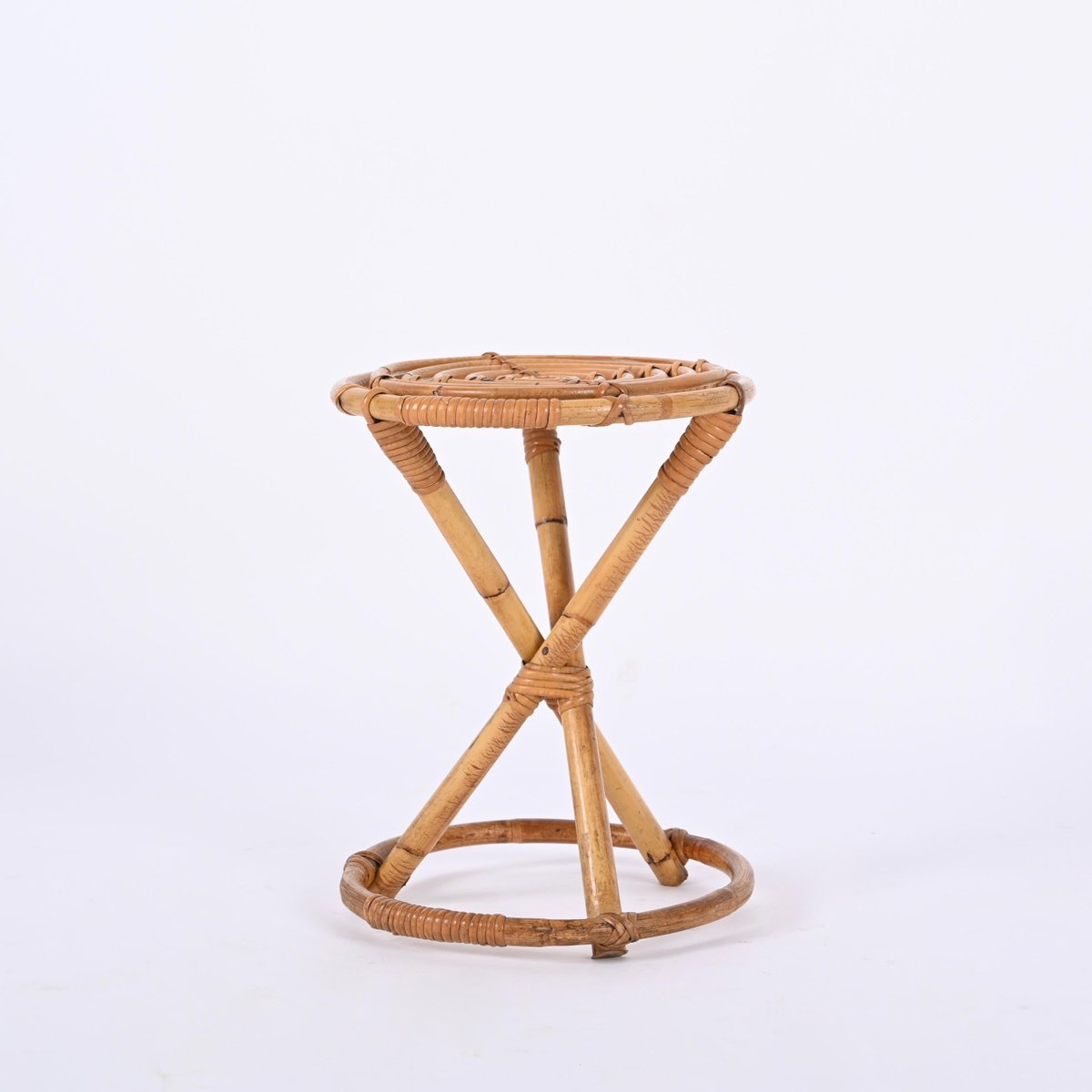 Mid-Century Italian Rattan and Bamboo Round Stool, 1960s for sale at Pamono