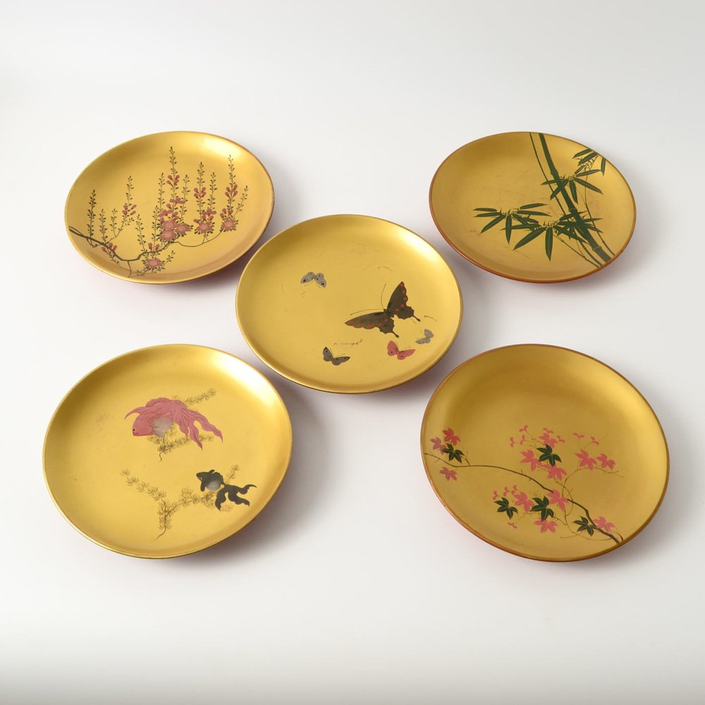 Vintage Japanese Hand-Painted Gilt Lacquer Plates, 1940s, Set of 5 for ...