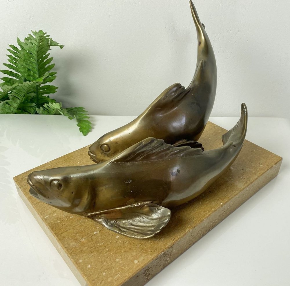 Bronze Koi Fish on Marble Base, 1930s for sale at Pamono