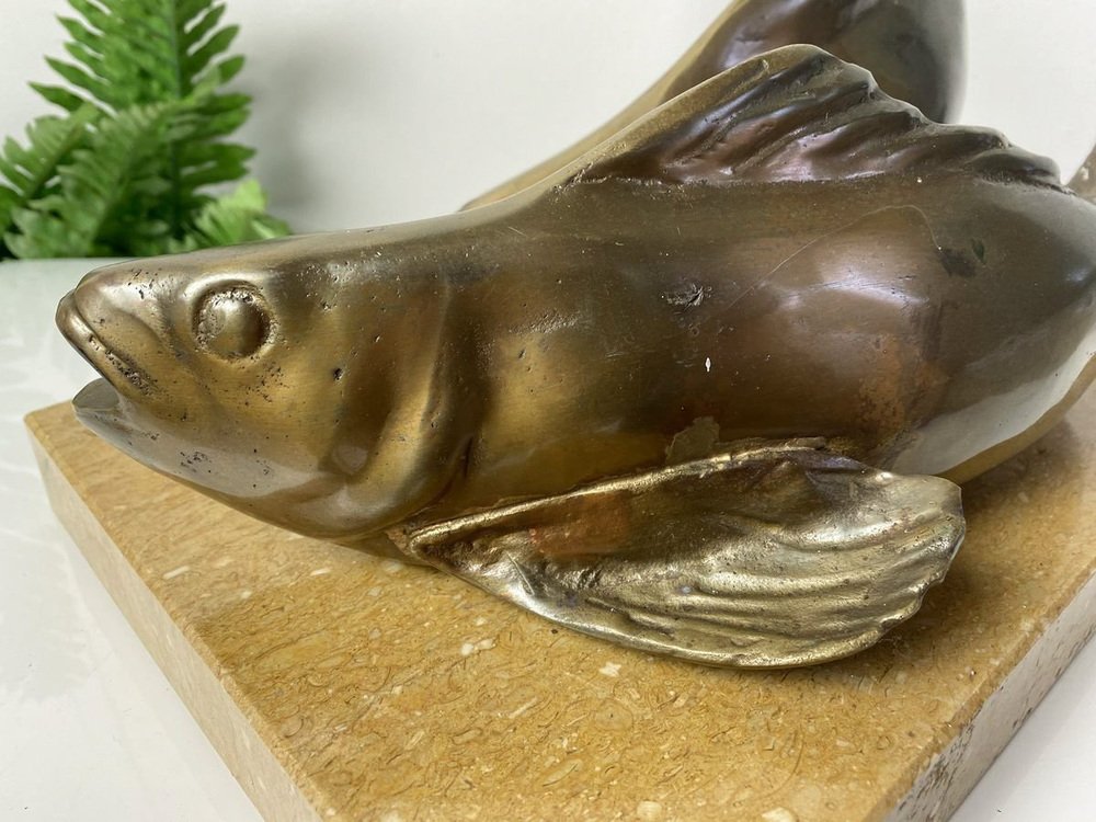 Bronze Koi Fish on Marble Base, 1930s for sale at Pamono