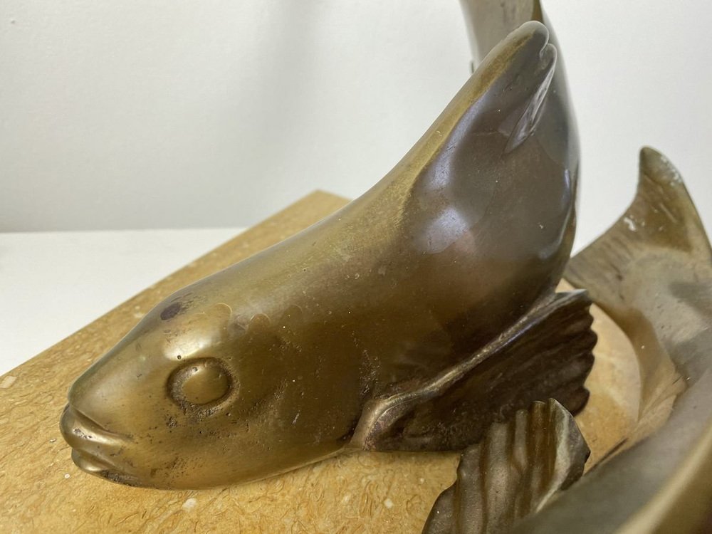 Bronze Koi Fish on Marble Base, 1930s for sale at Pamono
