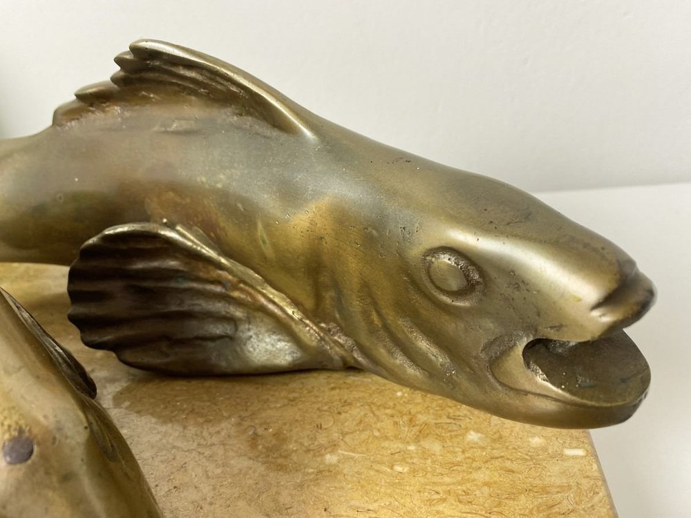 Bronze Koi Fish on Marble Base, 1930s for sale at Pamono